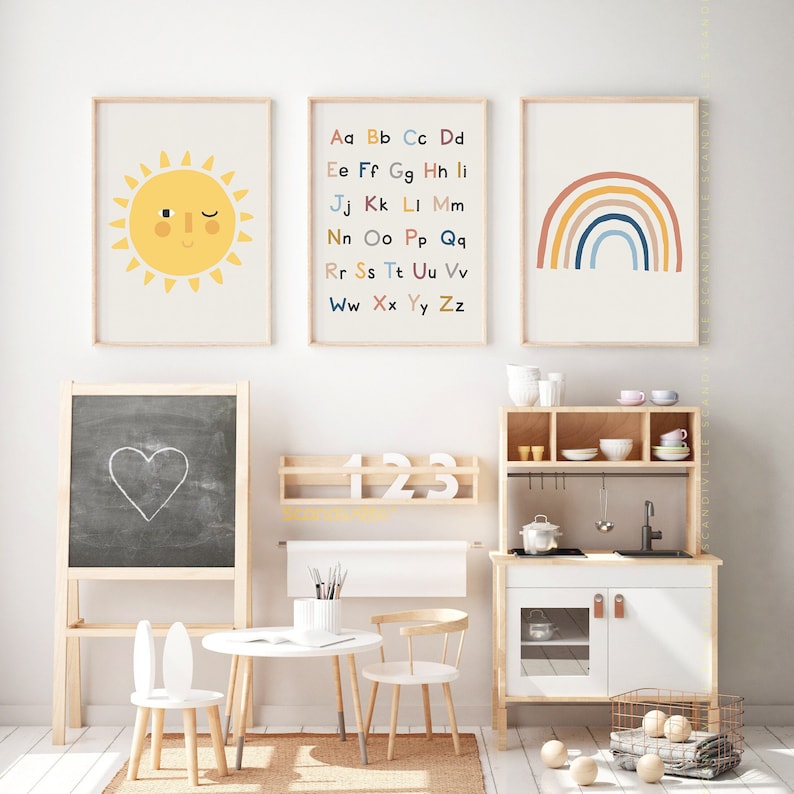 Set of 3 Prints Alphabet Uppercase Lowercase, Rainbow Wall Art, Sun ...