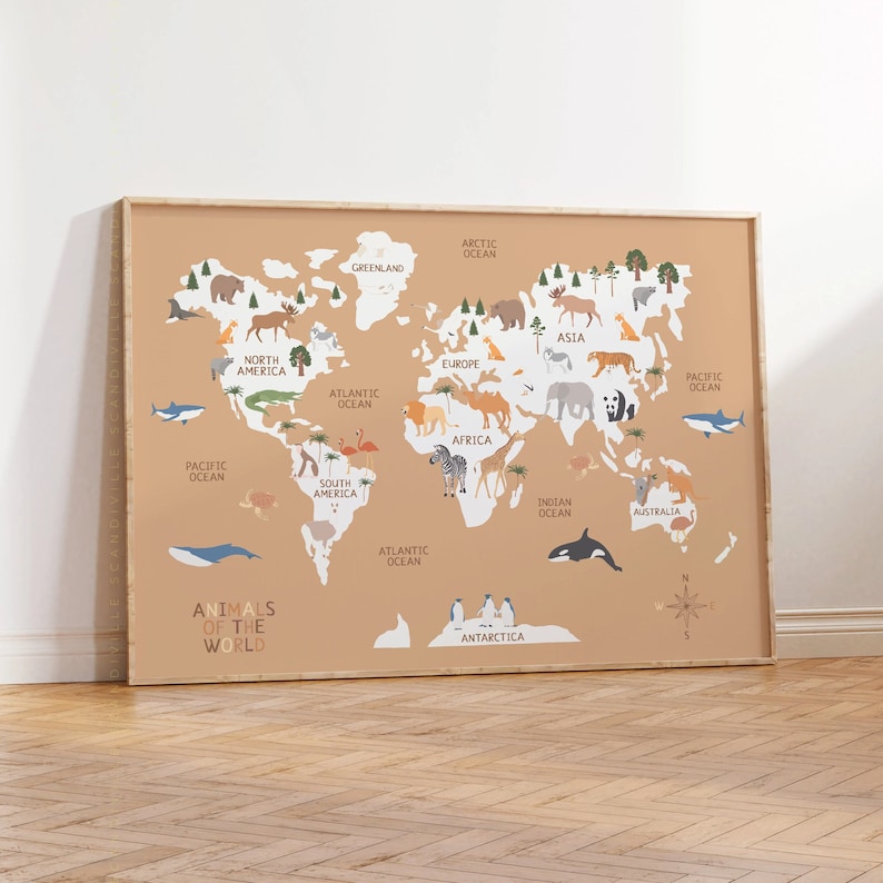 Animals World Map, Kids Animal World Map Print, World Map Nursery ...