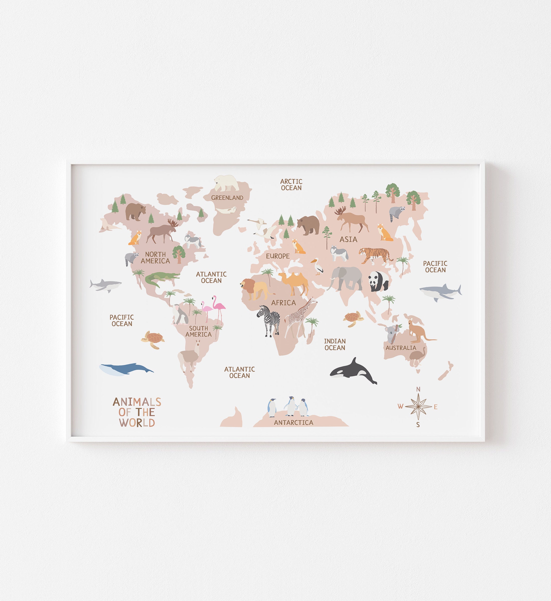 Animals World Map, Kids Animal World Map Print, World Map Nursery ...