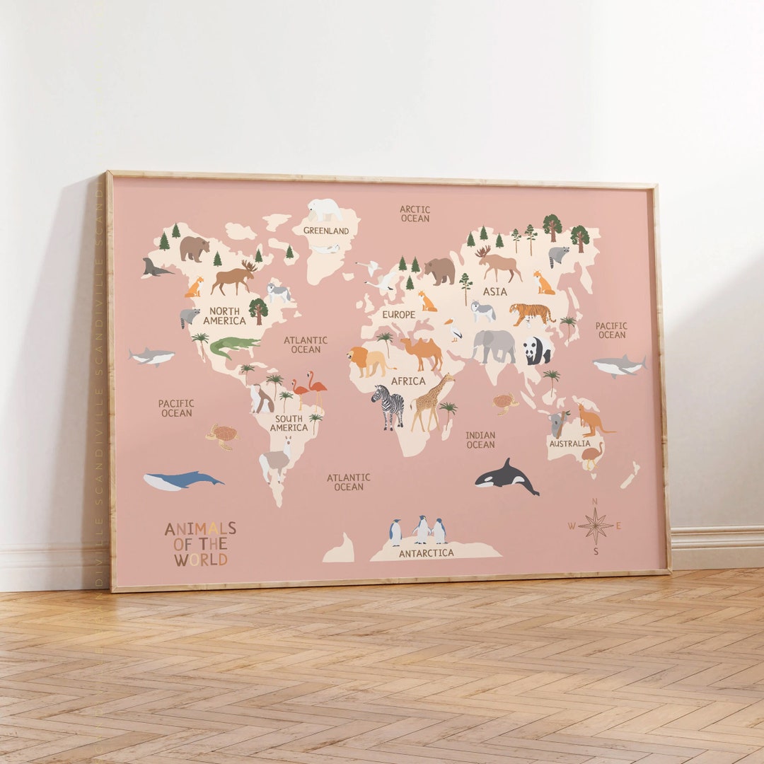 Animals World Map, Kids Animal World Map Print, World Map Nursery ...
