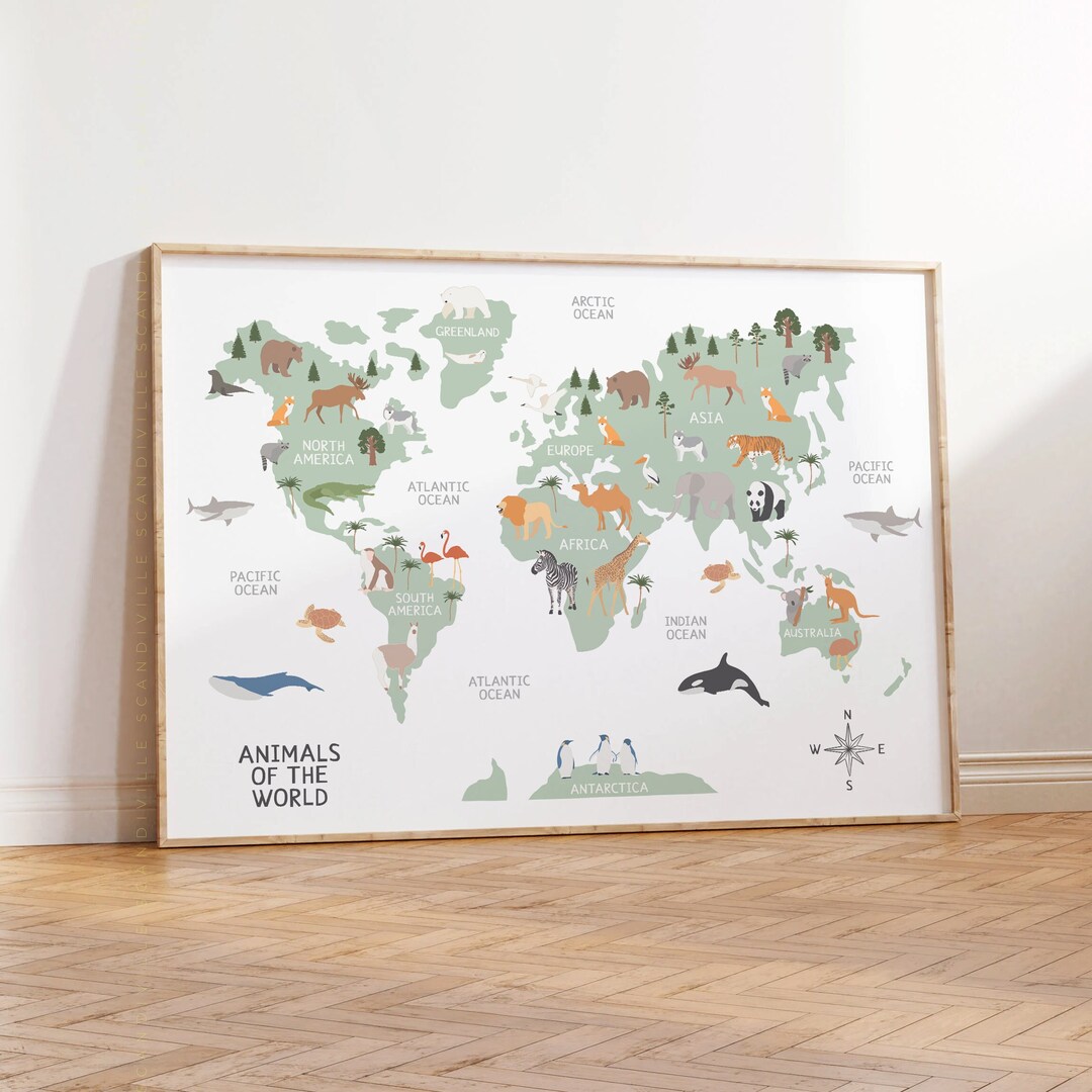 Animals World Map, Kids Animal World Map Print, World Map Nursery ...