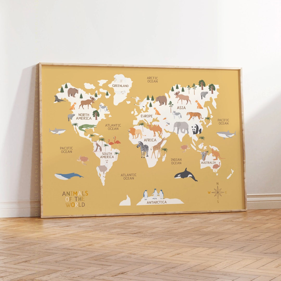 Animals World Map, Kids Animal World Map Print, World Map Nursery ...