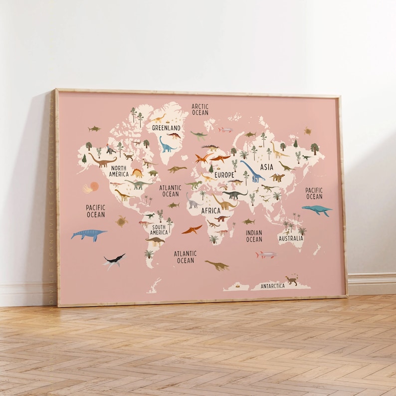 Dinosaur World Map Print, Dinosaur Wall Art, Dinosaurs of the World ...