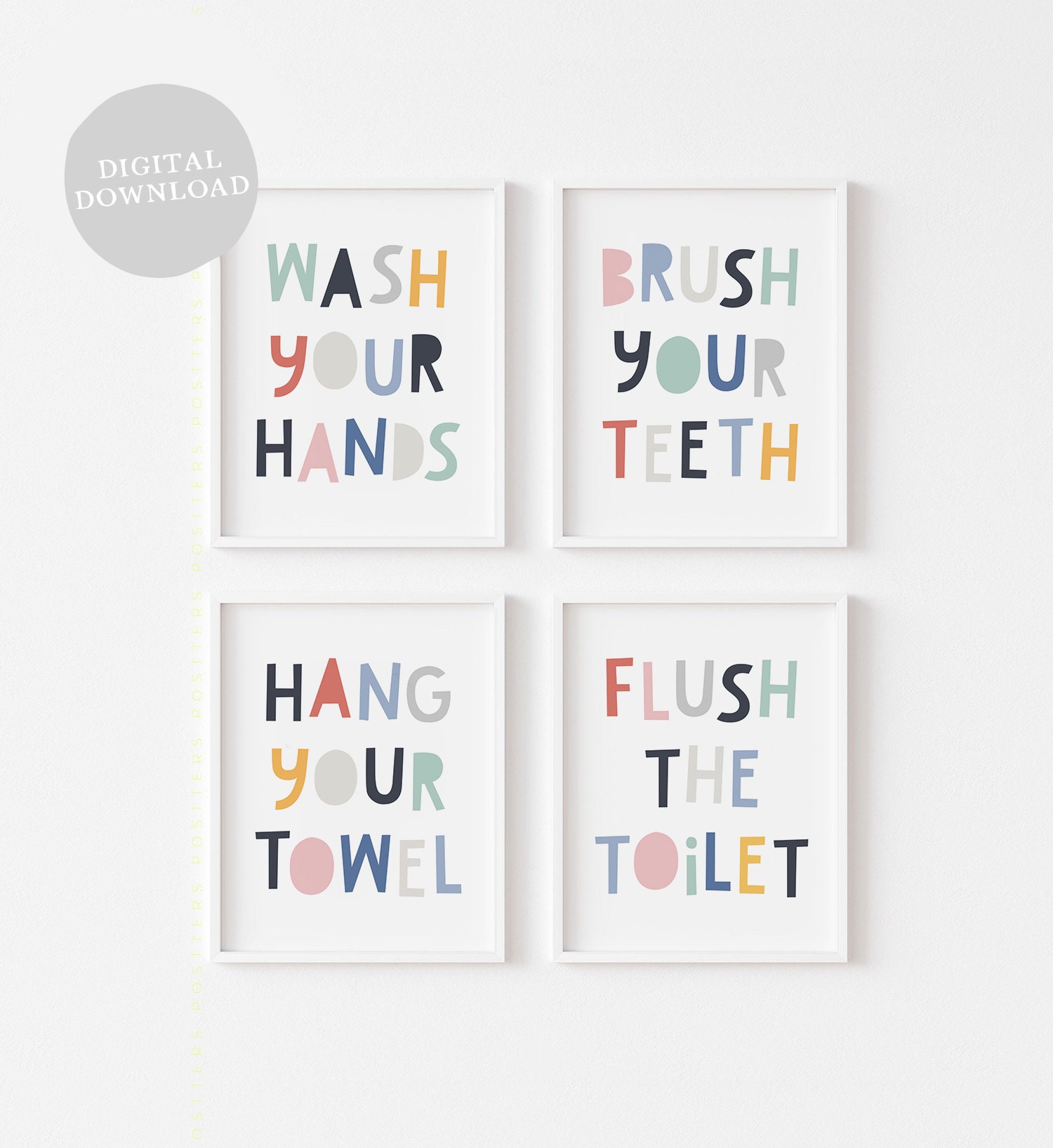 Bathroom Art Set, Kids Bathroom Decor, Brush Your Teeth Wash Your Hands ...