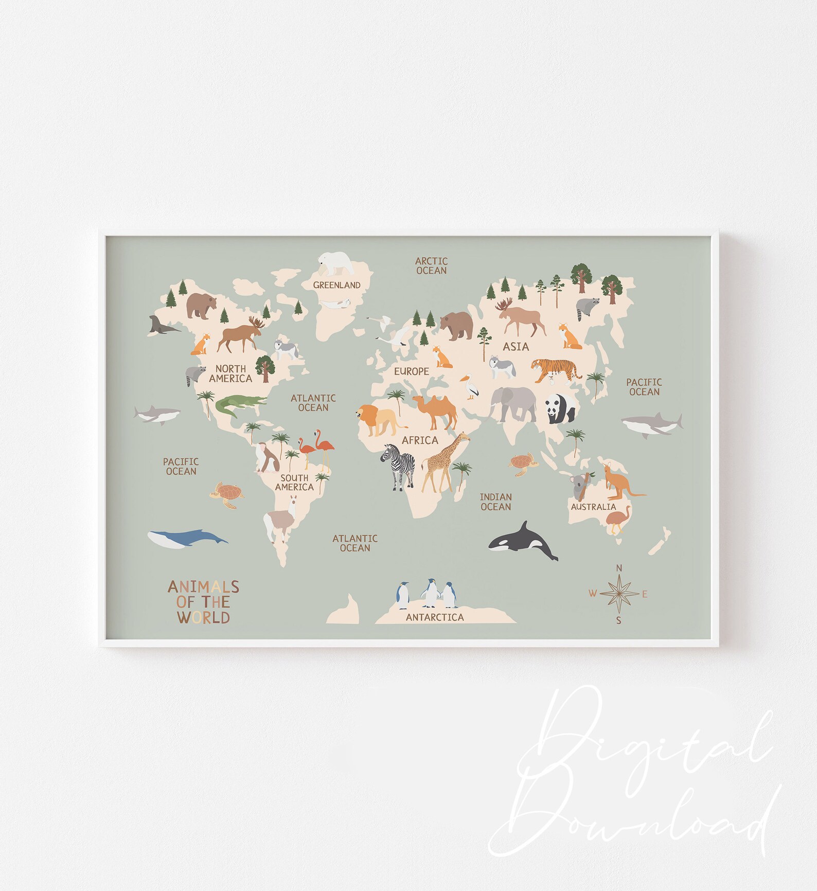 Animals World Map, Kids Animal World Map Print, World Map Nursery ...