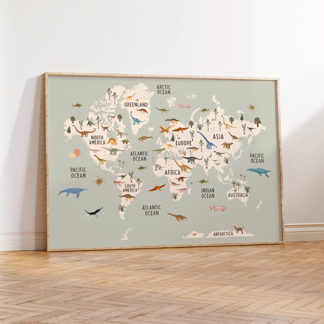 Dinosaur World Map Print, Dinosaur Wall Art, Dinosaurs of the World ...