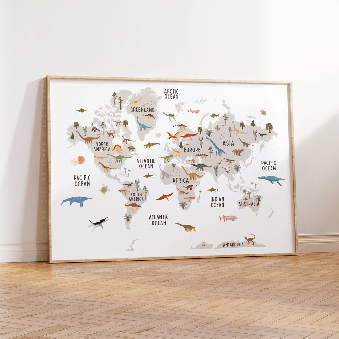 Dinosaur World Map Print, Dinosaur Wall Art, Dinosaurs of the World ...