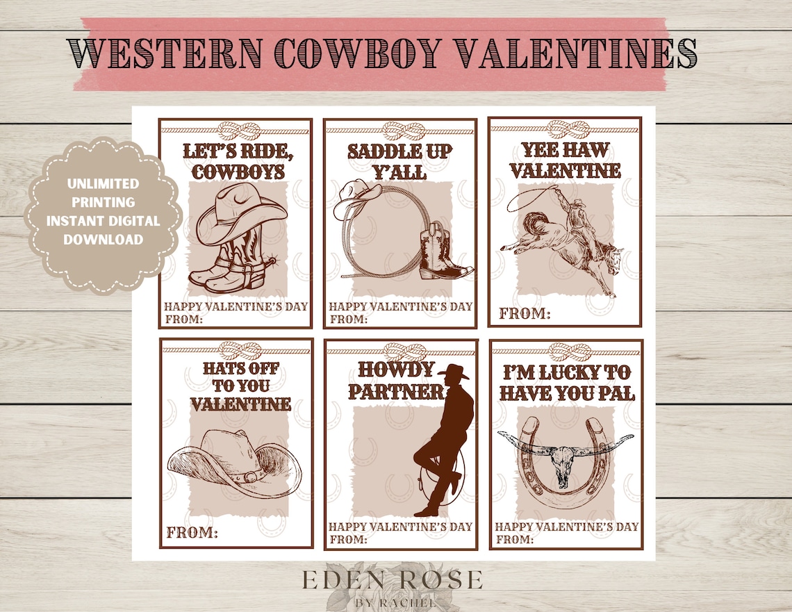 Western Cowboy Rodeo Valentine's Day Cards Class Set for School ...