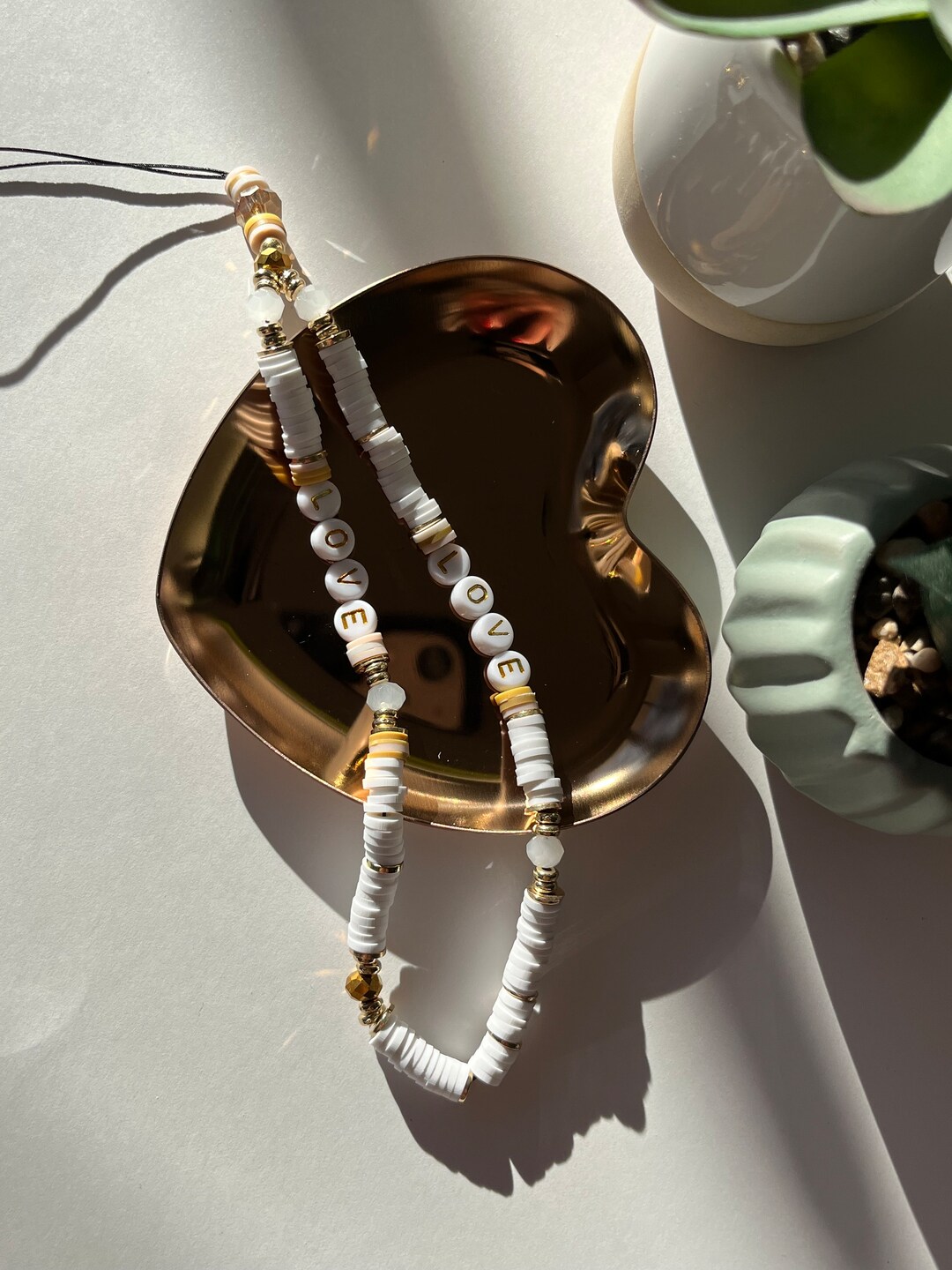 Love White and Gold Beaded Phone Chain, Wrist Strap, Beaded Handmade ...