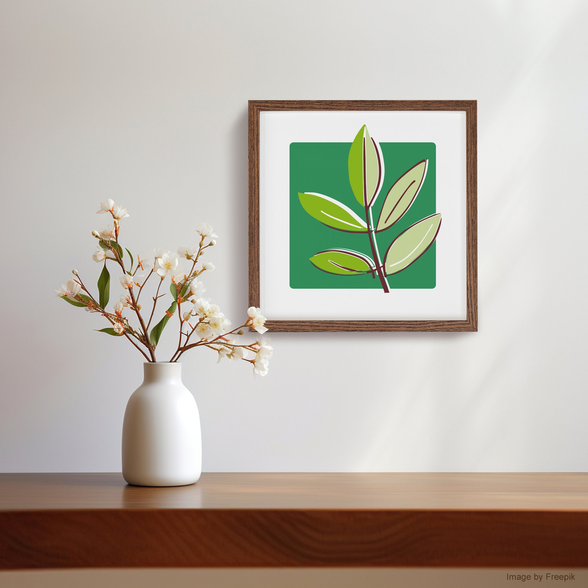 Green Leaf Poster, Digital Wall Art, Hand Draw Print, Contemporary Wall ...