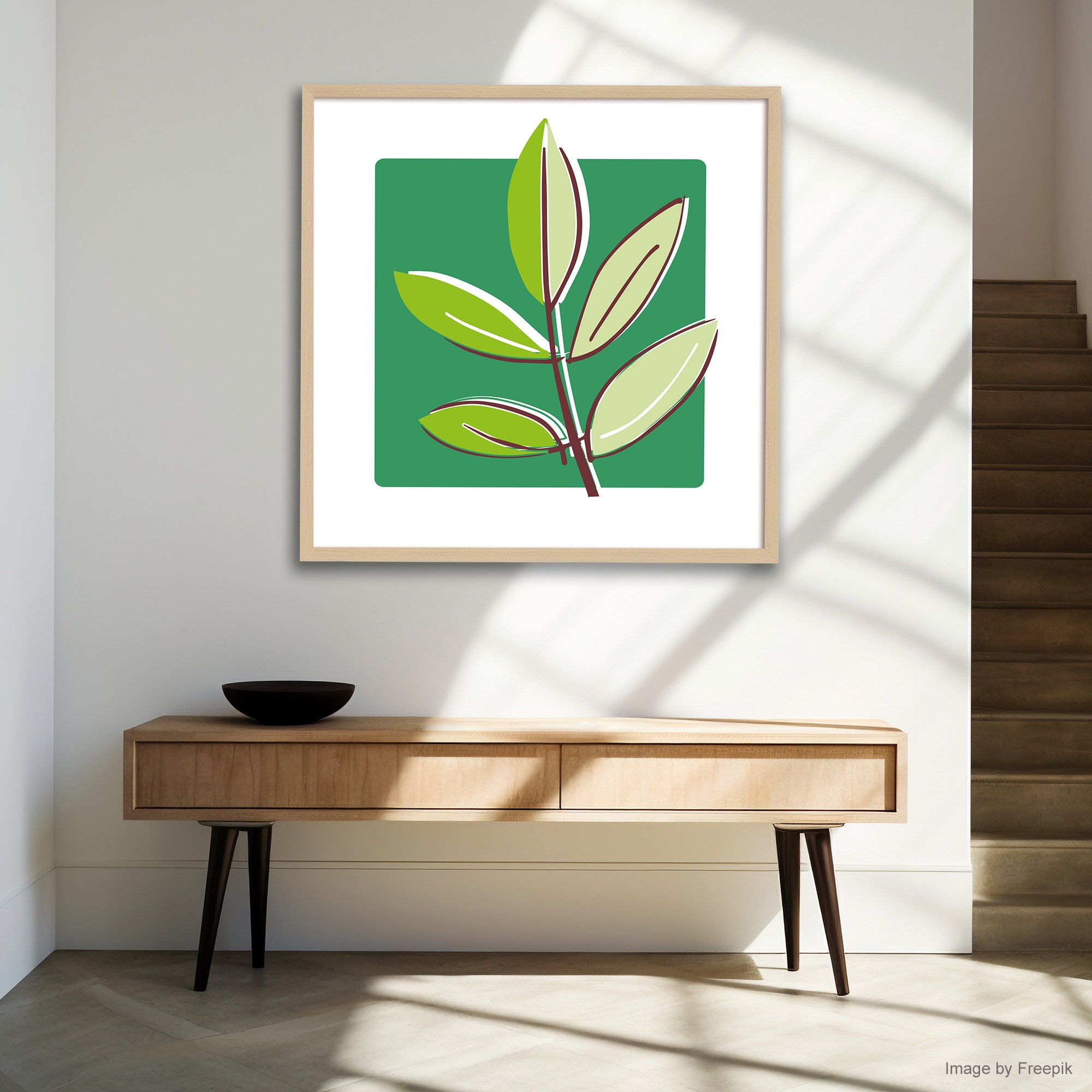 Green Leaf Poster, Digital Wall Art, Hand Draw Print, Contemporary Wall ...