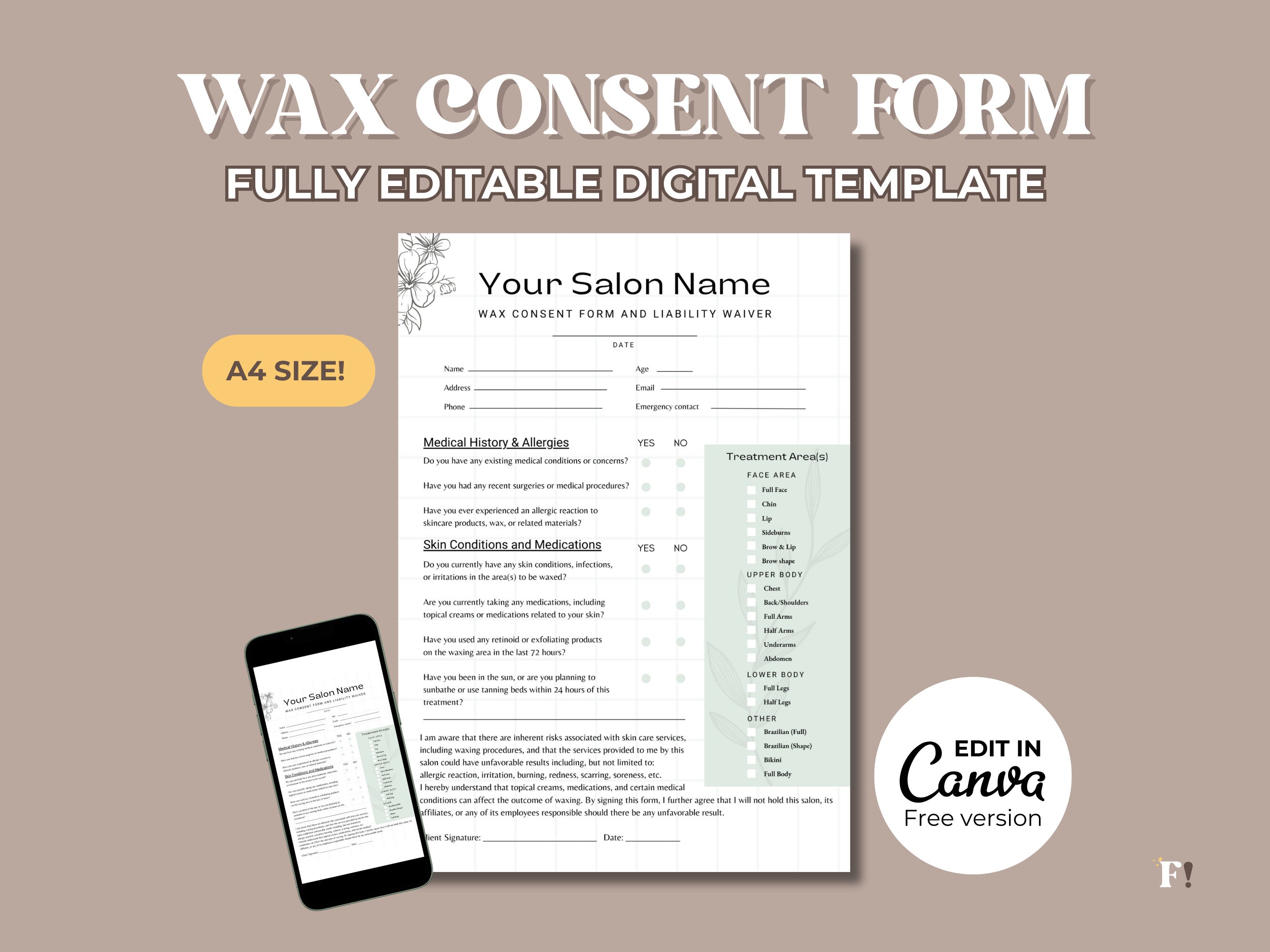 Waxing Consent Form With Parental Consent Option, Green Wax Form ...