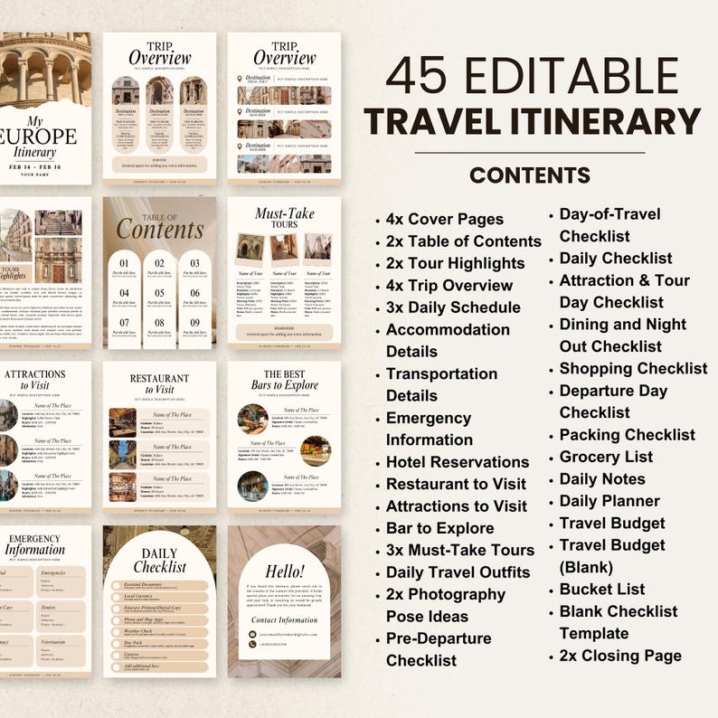 Editable Travel Itinerary Template Canva, Trip Itinerary, Travel Guide ...