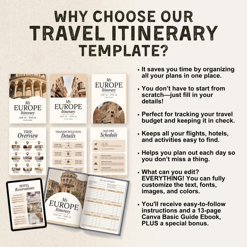 Editable Travel Itinerary Template Canva, Trip Itinerary, Travel Guide ...