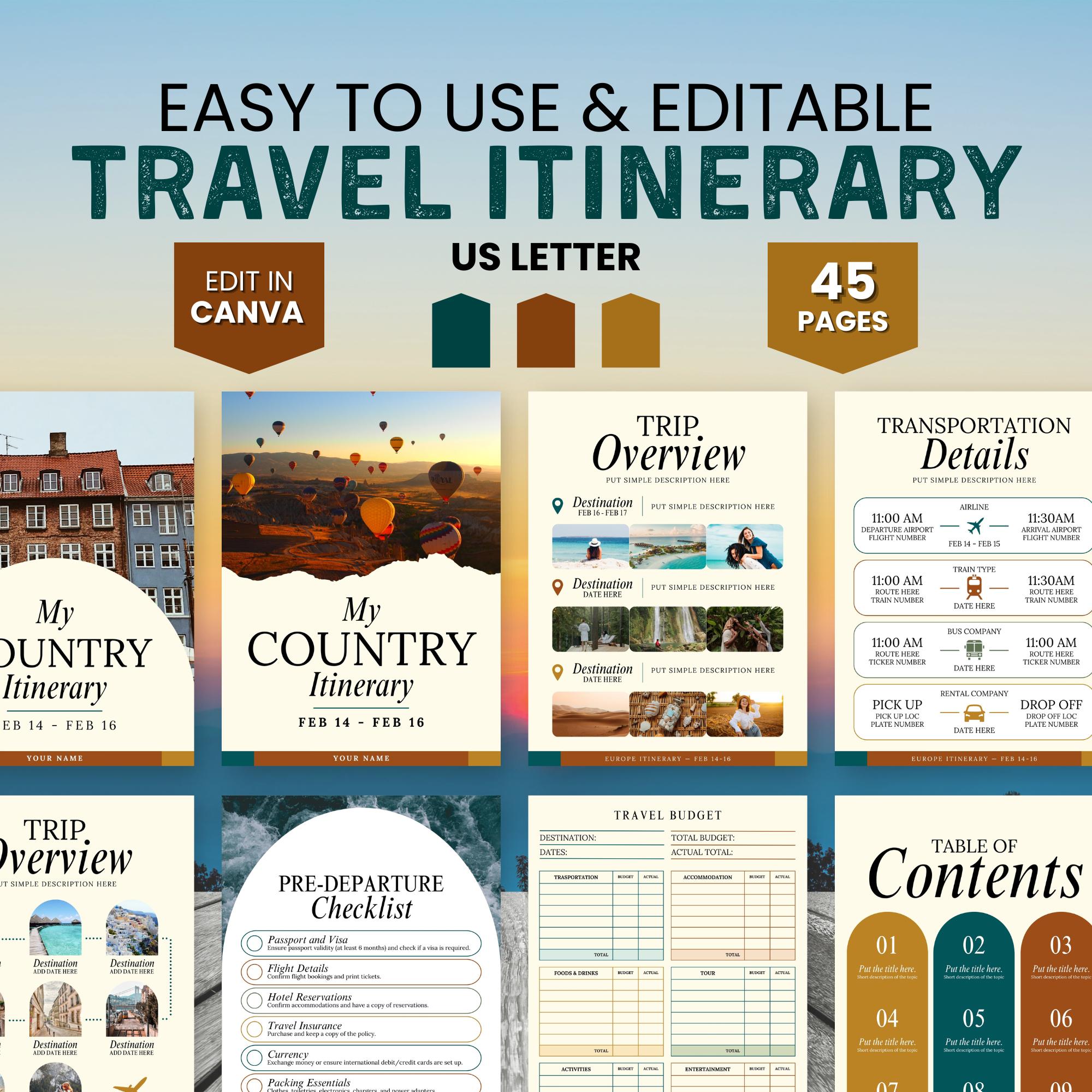 Travel Itinerary Template Canva, Travel Budget Planner, Retro Trip ...
