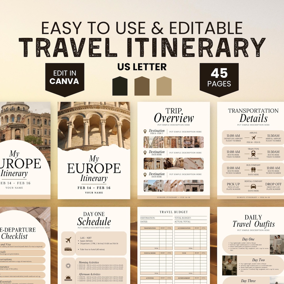 Editable Travel Itinerary Template Canva, Trip Itinerary, Travel Guide ...