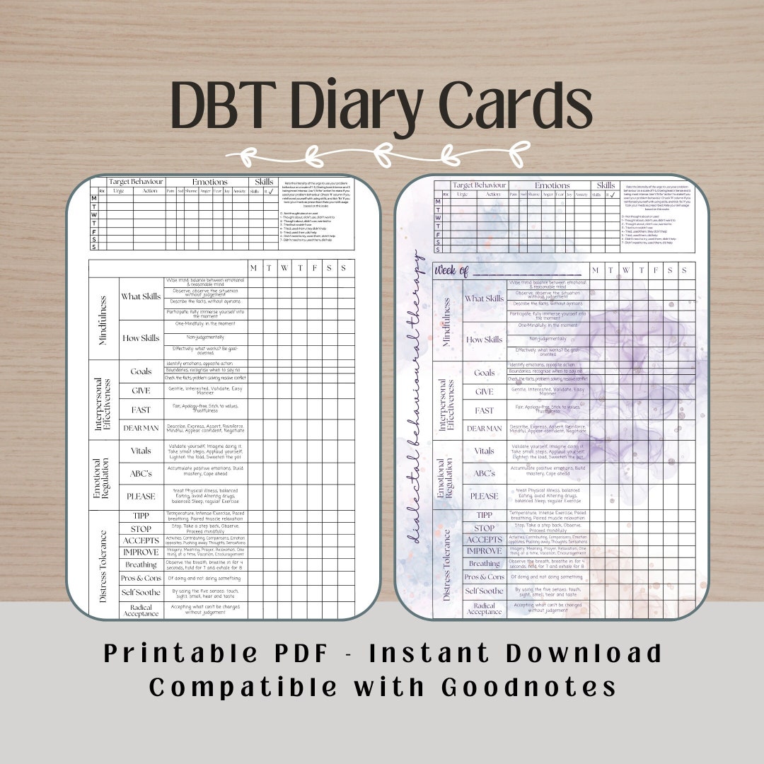 DBT Diary Card, Skills Tracker, Dialectal Behavioural Therapy, Mood ...