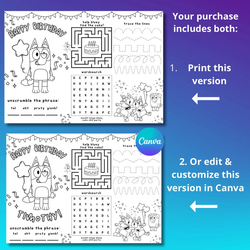 Bluey Activity Sheet, Bluey Printable Activity Mat, Bluey Birthday ...