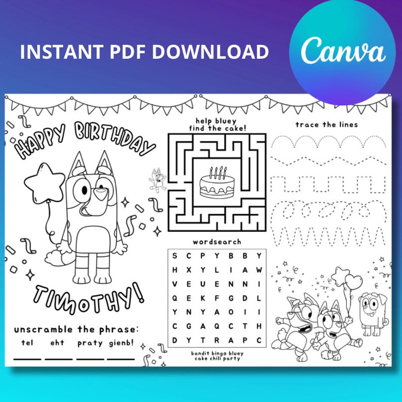 Bluey Activity Sheet, Bluey Printable Activity Mat, Bluey Birthday ...