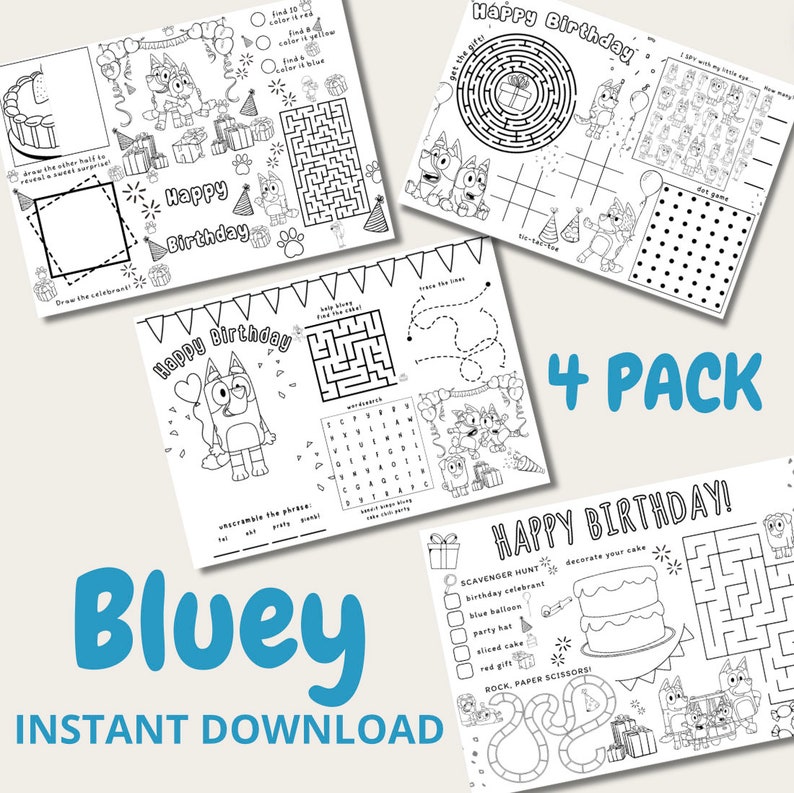 Bluey Activity 4 PACK, Bluey Printable Activity Mats, Bluey Birthday ...