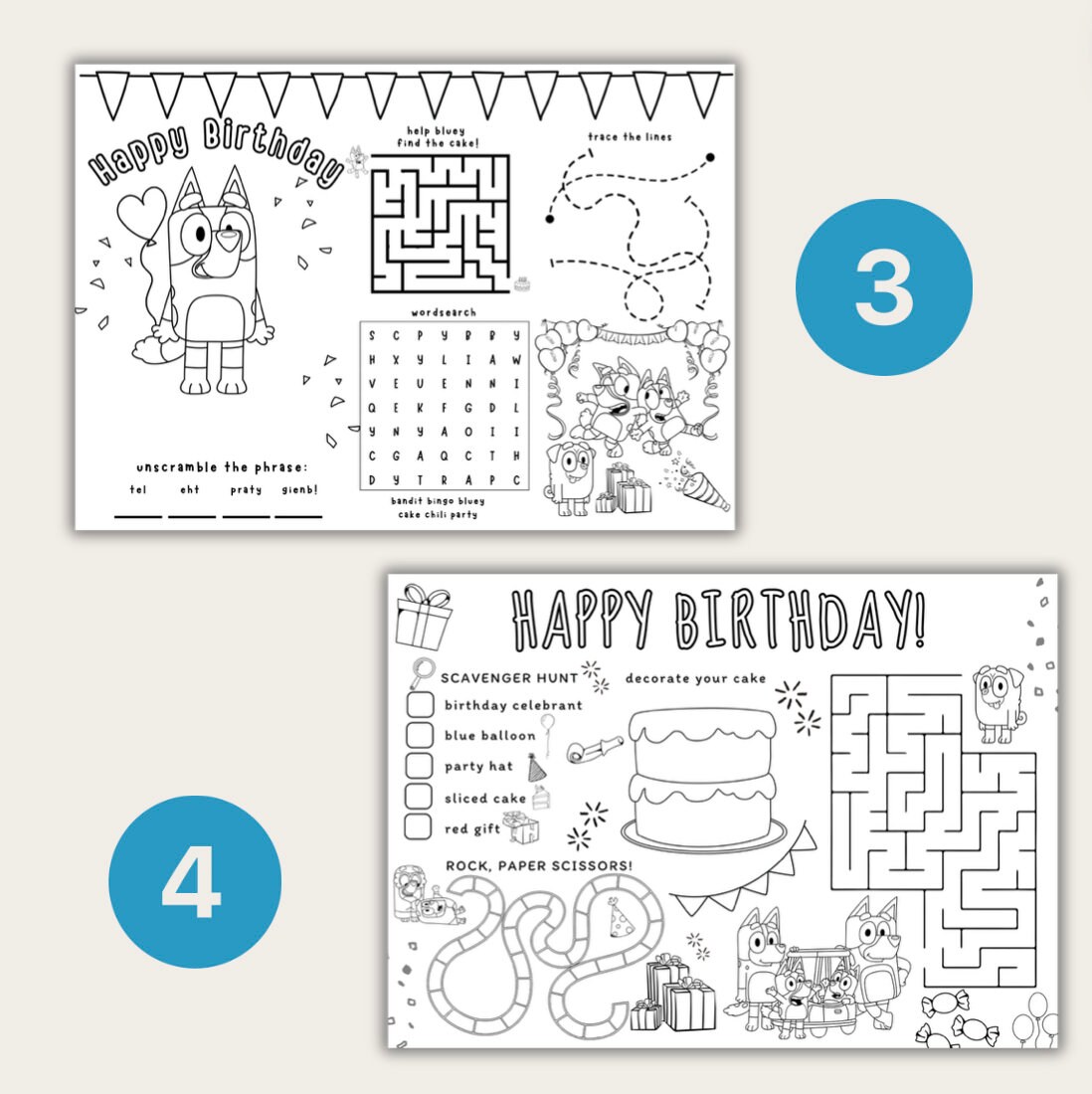 Bluey Activity 4 PACK, Bluey Printable Activity Mats, Bluey Birthday ...