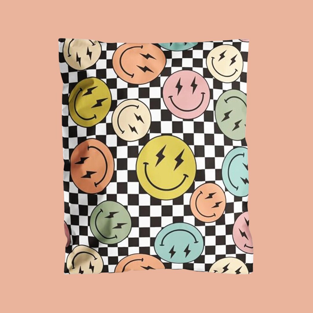 Pastel Smiley Face Retro Check Poly Mailer Shipping Pouch Self Adhesive ...