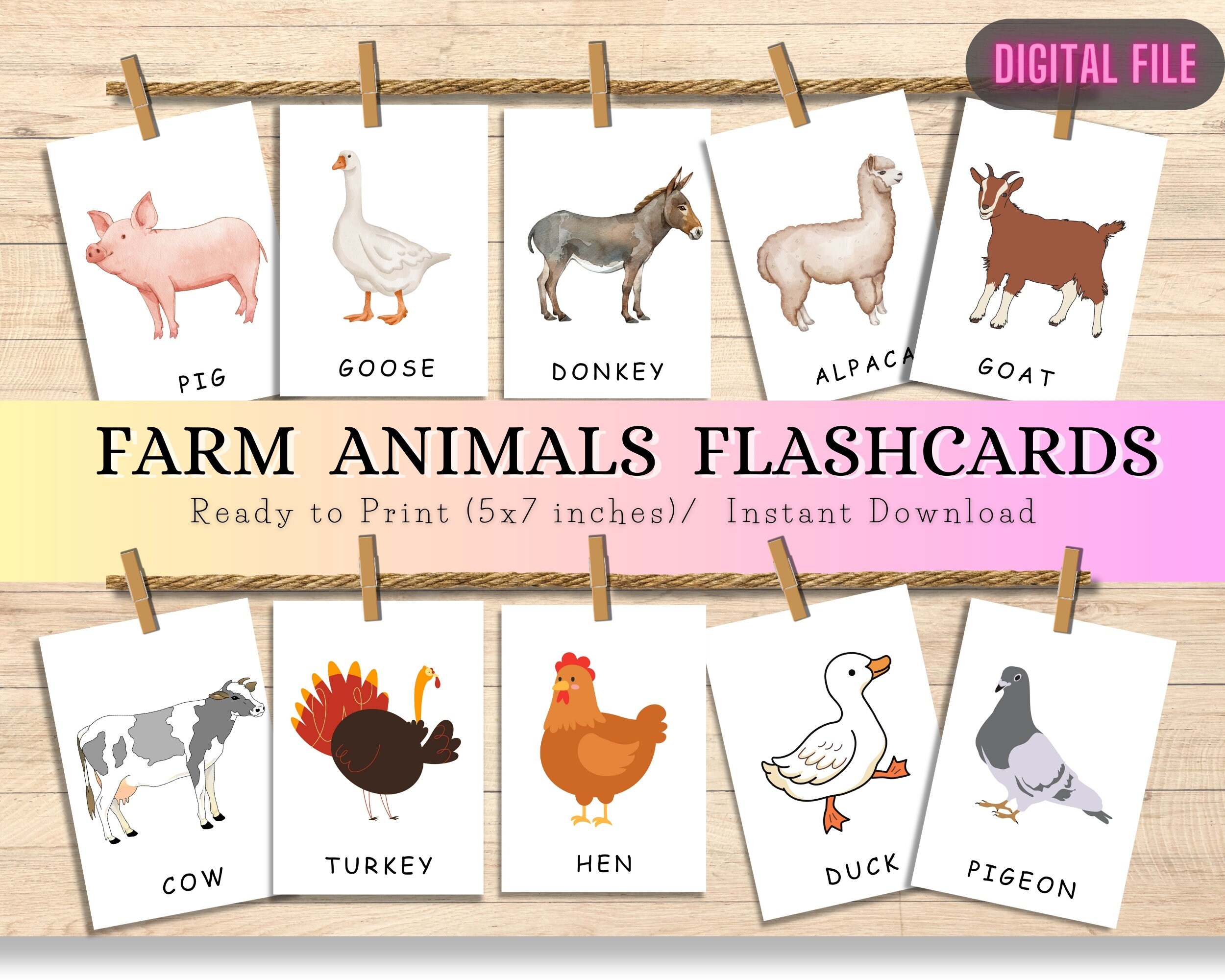 15 Farm Animal Flashcards, Kids Flashcards Animal Set, Printable ...