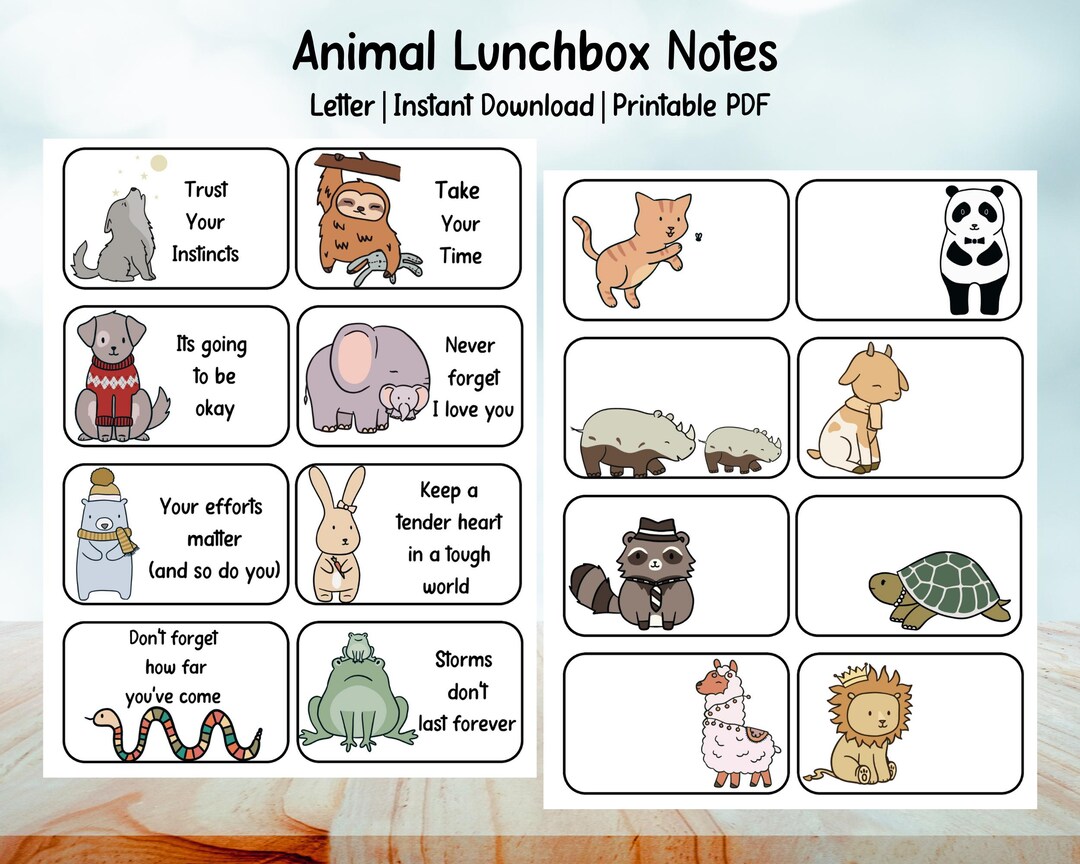 Animal Lunchbox Notes/cute Digital Download/cute Lunchbox Notes for ...