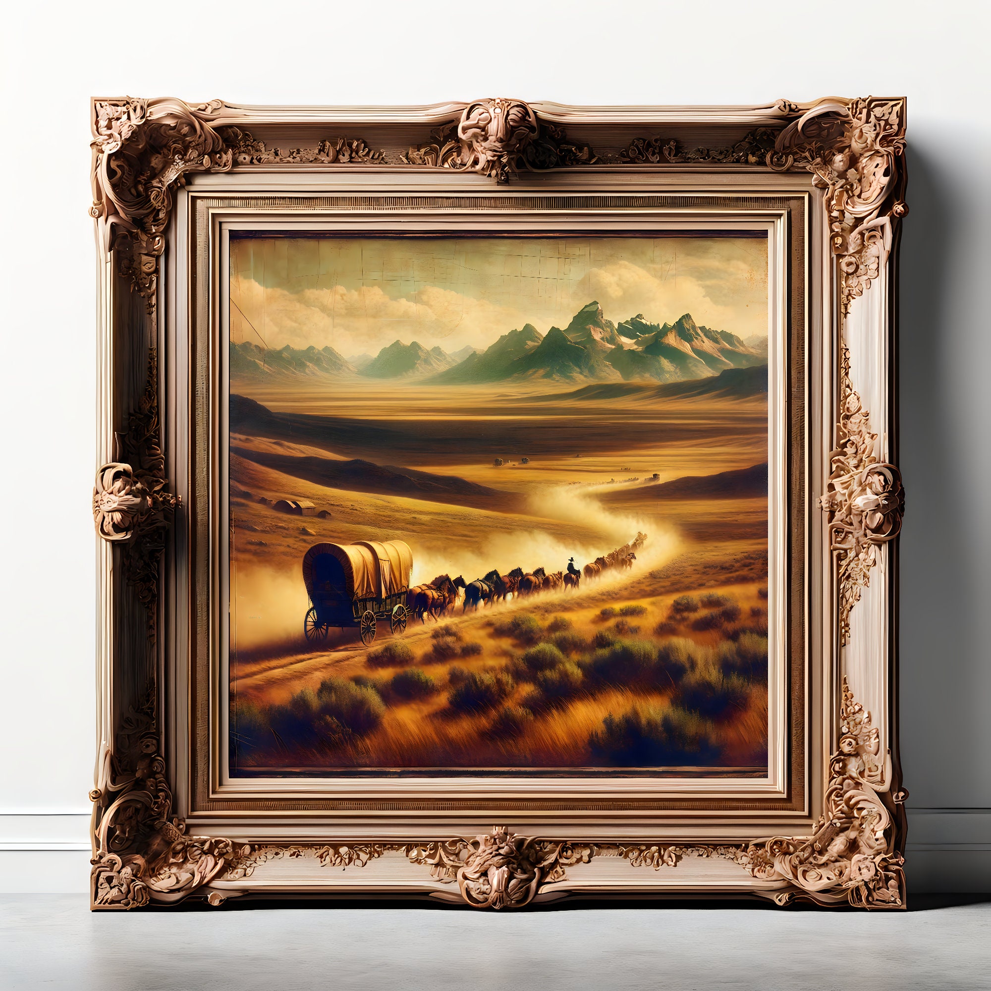 Western Wagon Train Journey Print Vintage Style Frontier Adventure Art ...