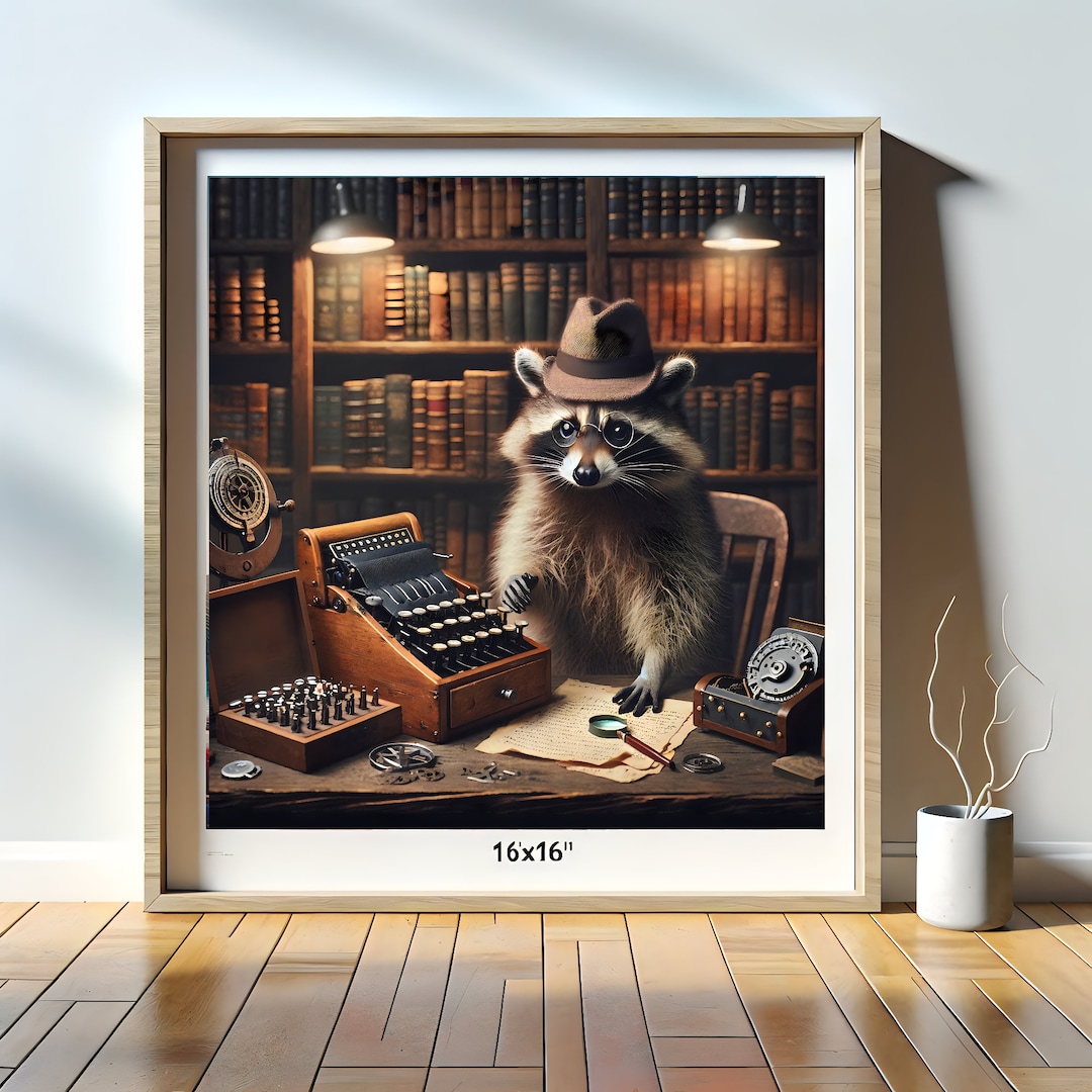Codebreaking Raccoon Detective Art Print, Animal Art, Vintage Style ...
