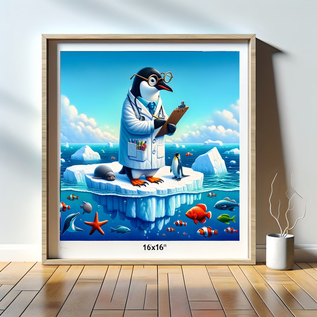 Penguin Marine Biologist Study Art Print, Ocean Decor, Aquarium Theme ...