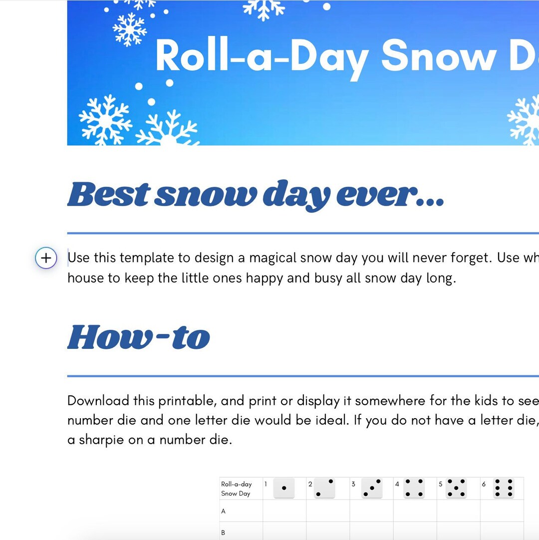 Roll-a-day Snow Day Printable (magical Snow Day Fun!) - Etsy