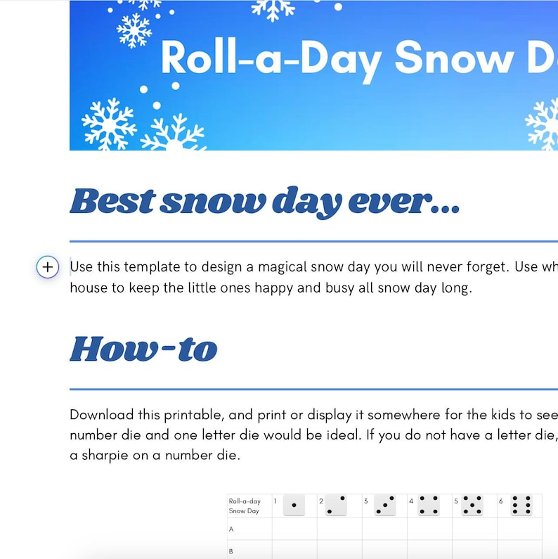 Roll-a-day Snow Day Printable (magical Snow Day Fun!) - Etsy