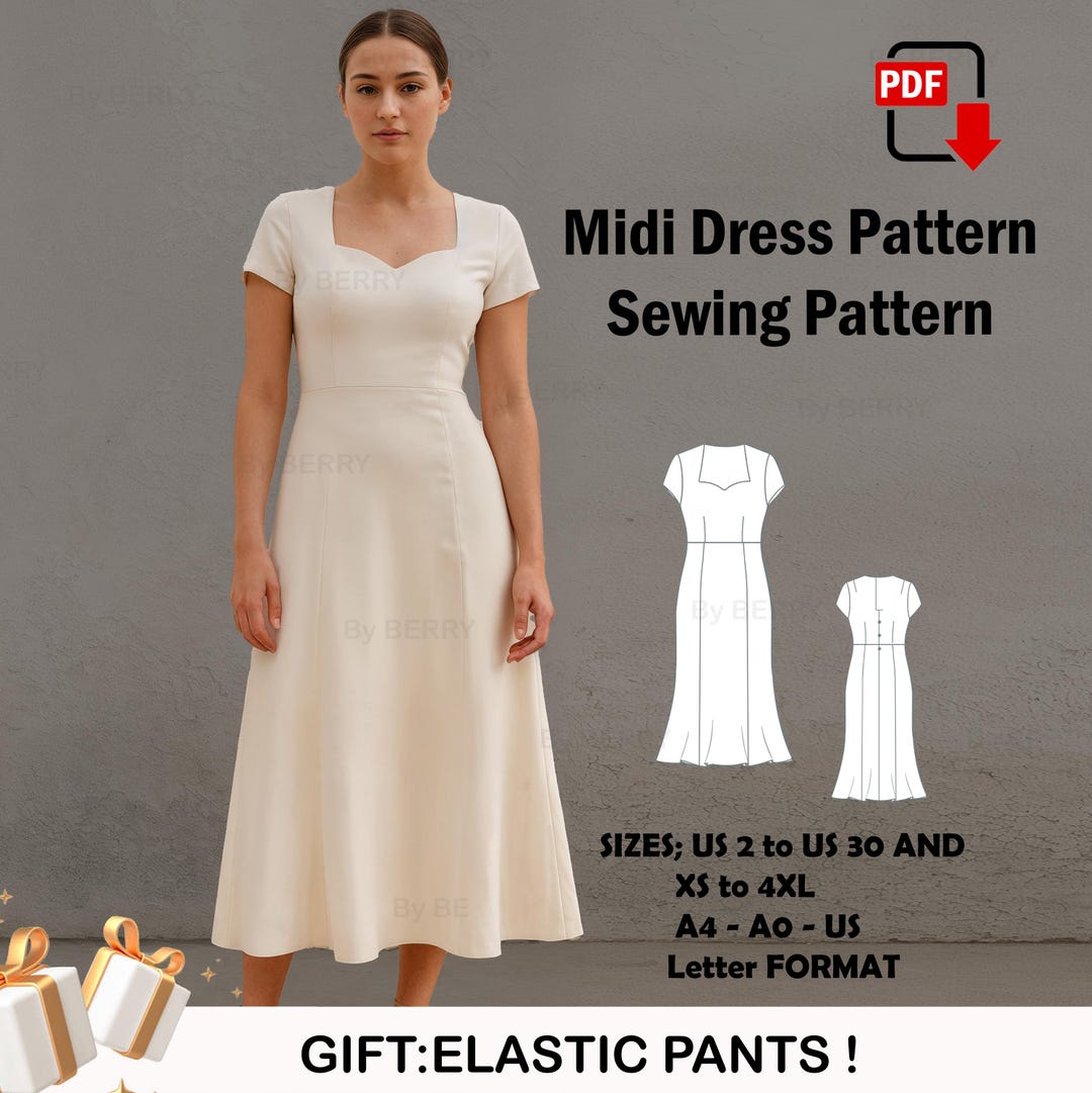 Vintage Midi Dress Sewing Pattern PDF | Sweetheart Neckline, 3/4 Circle ...