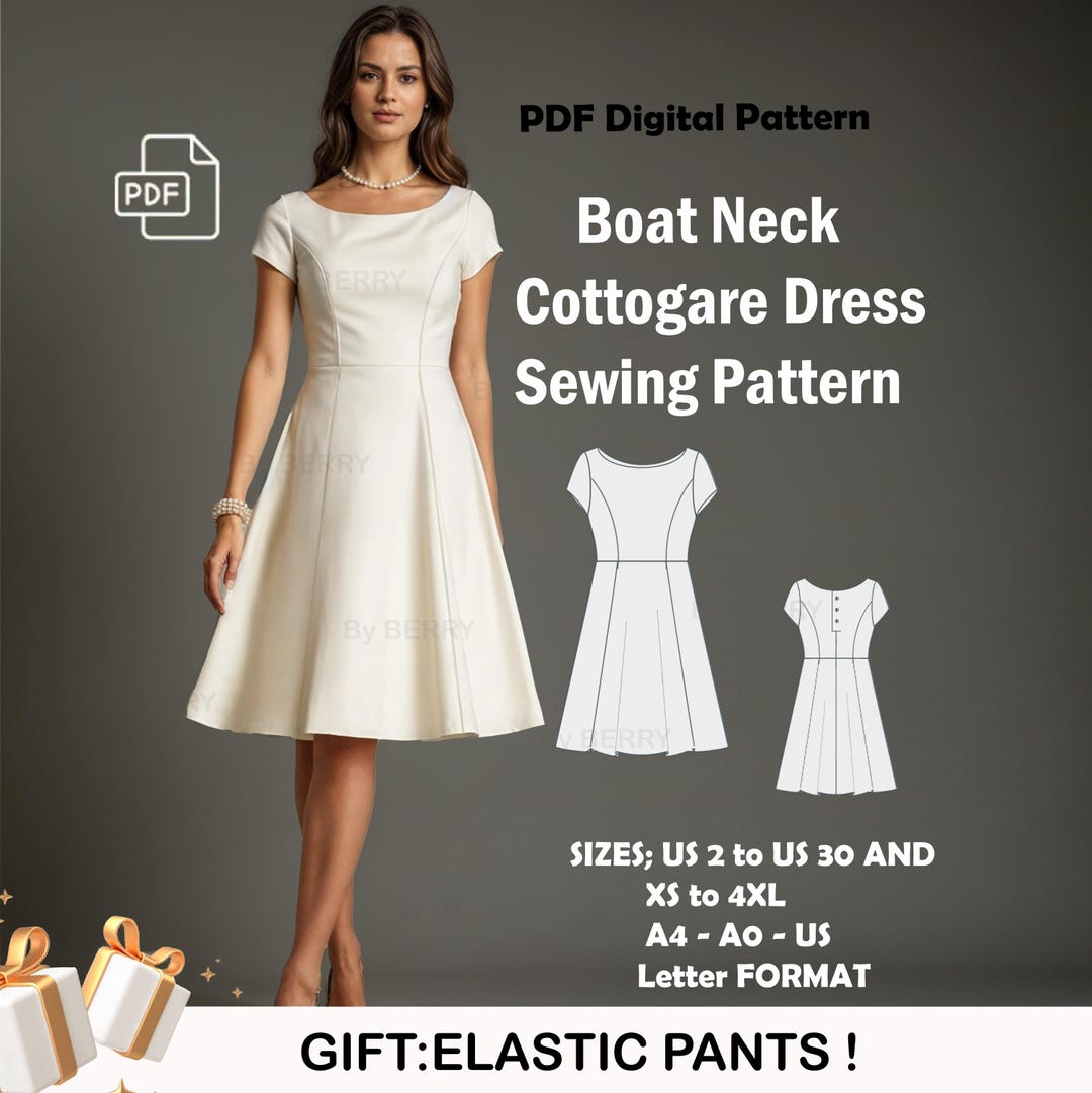 Boat Neck Dress Sewing Pattern: Knee Length, US Sizes 2-30 (PDF Pattern ...