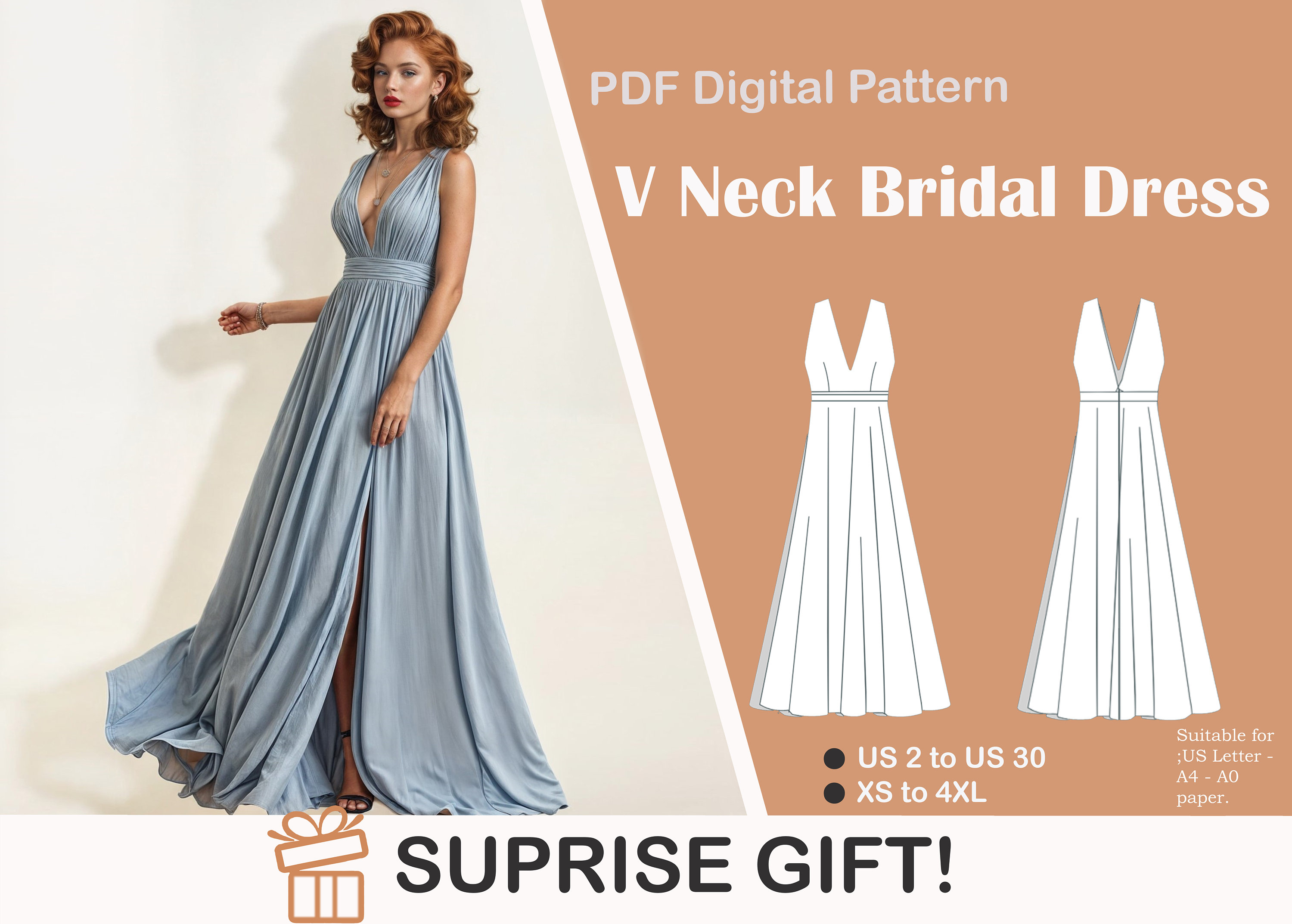 Bridal Gown Sewing Pattern, V-neck Bridal Gown, Cocktail Dress Pattern ...