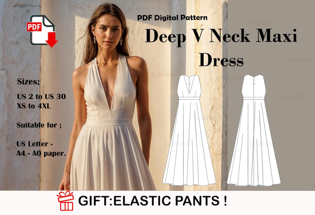 Plunging V Neck Dress Sewing Pattern, Prom Dress Sewing Pattern,pdf ...