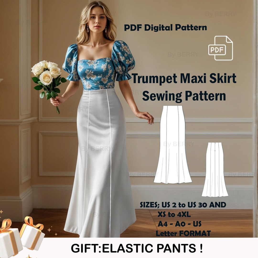 Trumpet Maxi Skirt Sewing Pattern: Beginner Friendly, US Sizes 2-30 ...