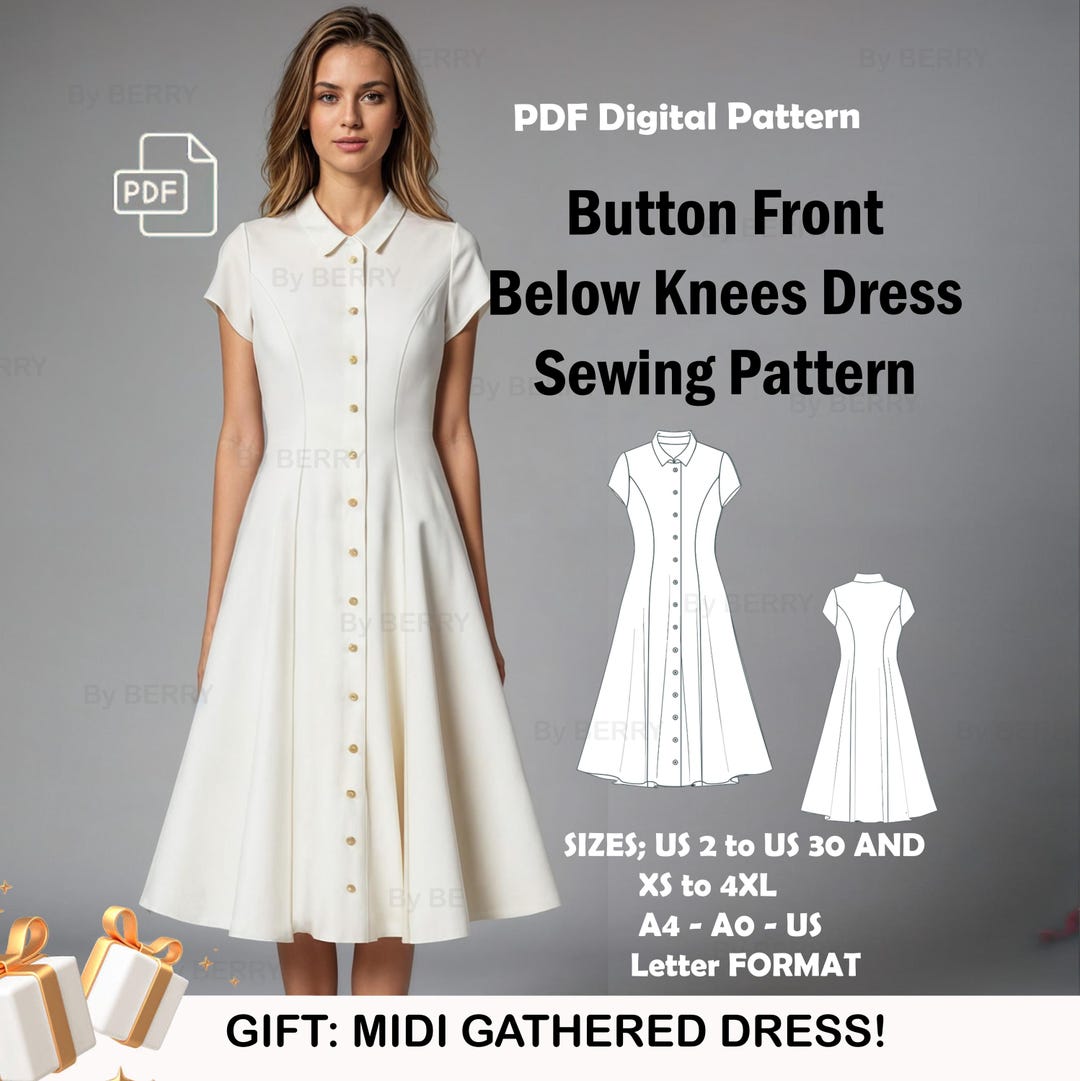 Button Down Dress Sewing Pattern: Cottagecore Flared Dress (PDF ...