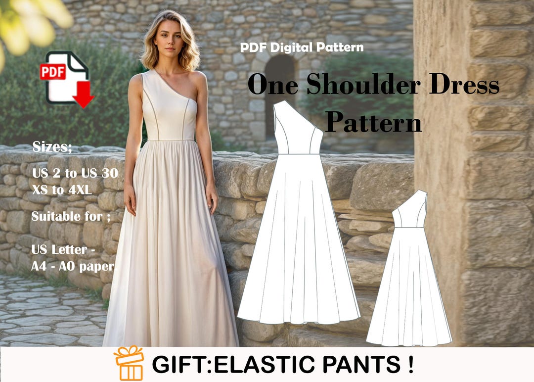 One-shoulder Maxi Dress Sewing Pattern: Bridal Gown, US Sizes 2-30 (PDF ...