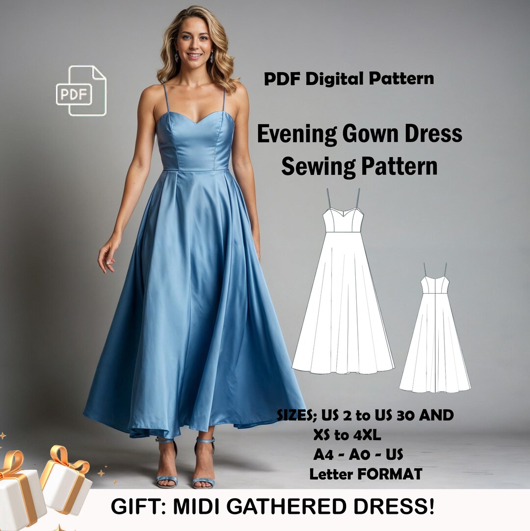Heart Neck Maxi Dress Sewing Pattern | Evening Gown, Bridesmaid (PDF ...
