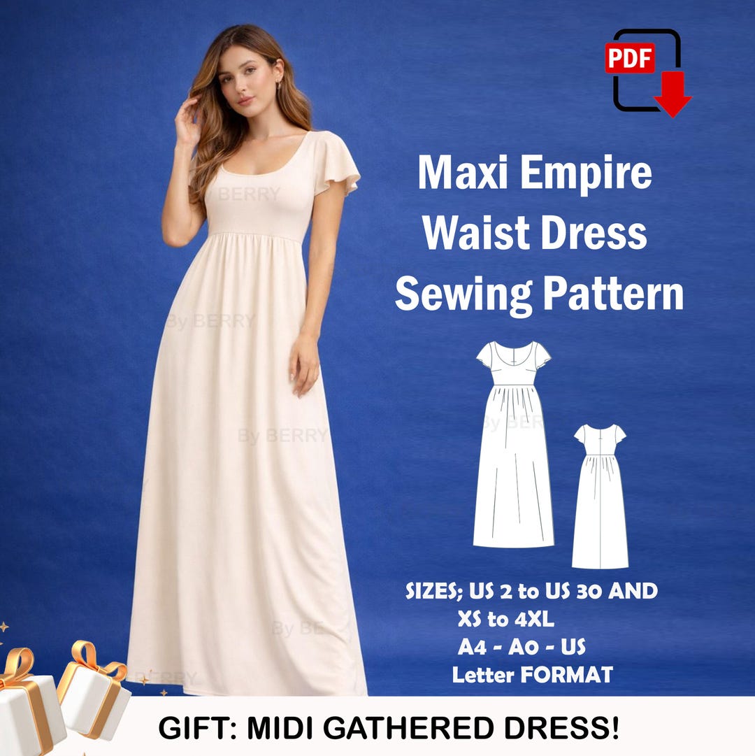 Maxi Empire Waist Dress Sewing Pattern PDF, Gathered Skirt Design, US ...