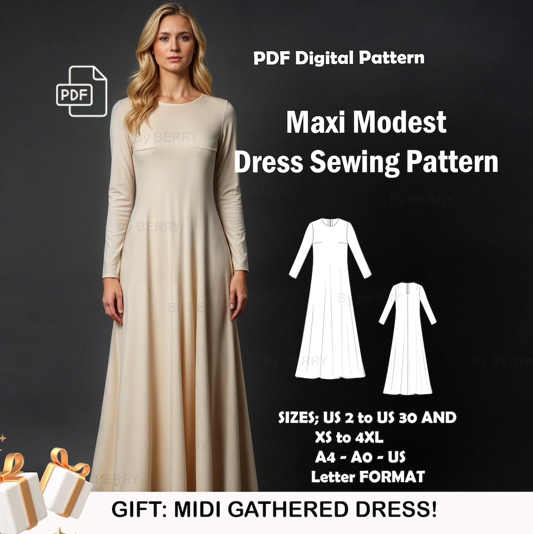 Long Sleeve Maxi Dress Sewing Pattern: Modest Medieval Gown (US 2-30 ...