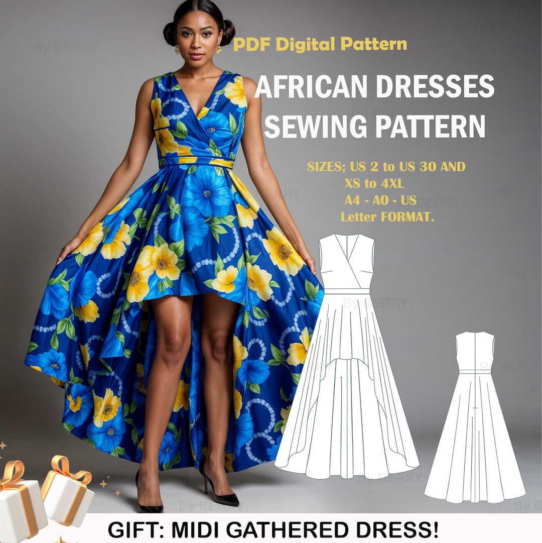 High-low African Dress Sewing Pattern: Surplice Neck Ball Gown (PDF ...