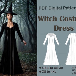 Sweetheart Neck Witch Cosplay Dress Sewing Pattern, US Sizes 2-30 (PDF ...
