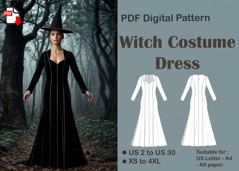 Sweetheart Neck Witch Cosplay Dress Sewing Pattern, US Sizes 2-30 (PDF ...