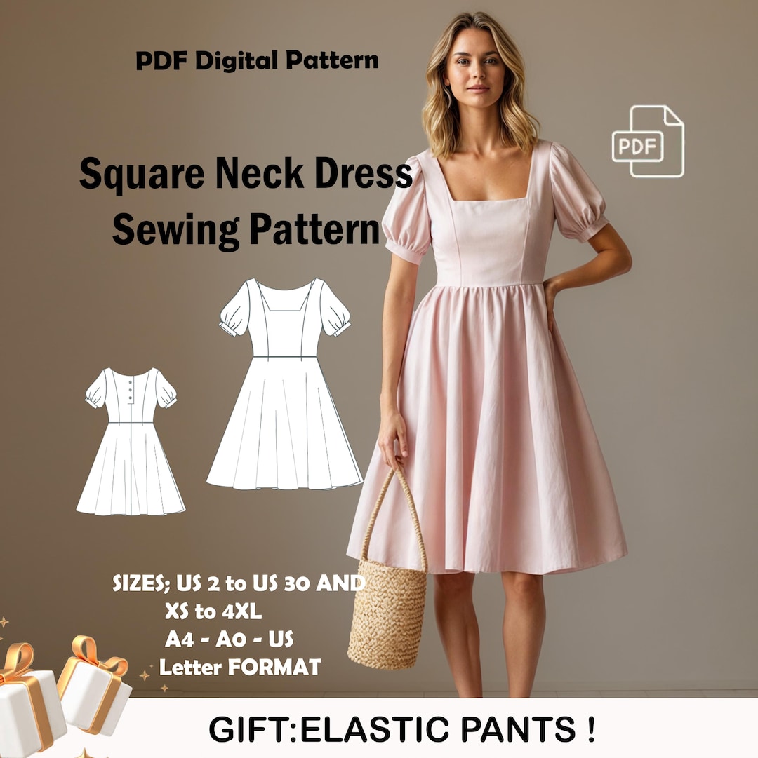 Square Neck Bishop Sleeve Midi Dress Sewing Pattern (PDF Pattern) - Etsy