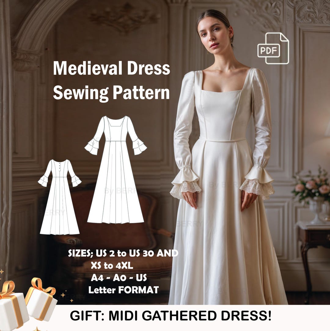 Medieval Dress Sewing Pattern | Renaissance Square Neck Dress ...