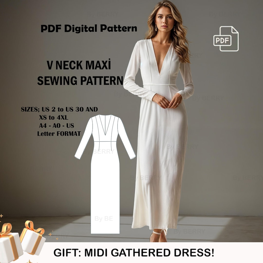 Bodycon V-neck Maxi Dress Sewing Pattern | Plus Size (PDF Pattern) - Etsy