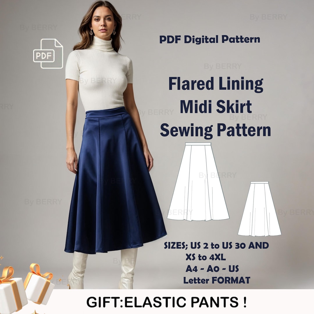 Flared Midi Skirt Sewing Pattern: Lined, US Sizes 2-30 (PDF Pattern) - Etsy